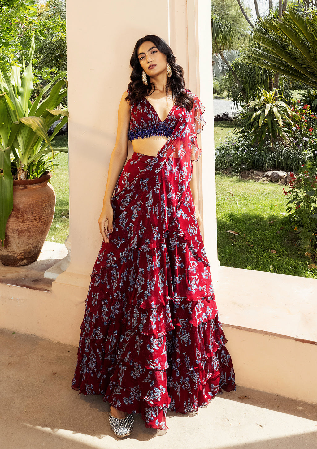 Asmira Ruby Tiered Wrap Saree Set | Seeaash